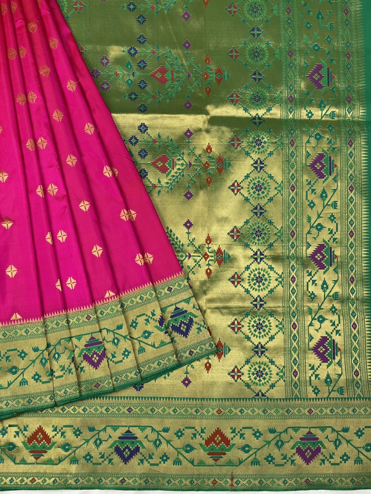Exquisite Dark Pink Paithani Silk Saree with Green Border | Traditional ...